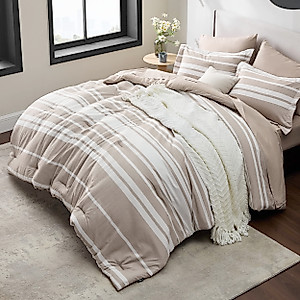Bedsure Full Comforter Set 7 Pieces, Light Camel Striped Bedding Set for Full Size Bed Reversible, Cationic Dyeing Bed in a Bag with Comforter, Sheets, Pillowcases & Shams