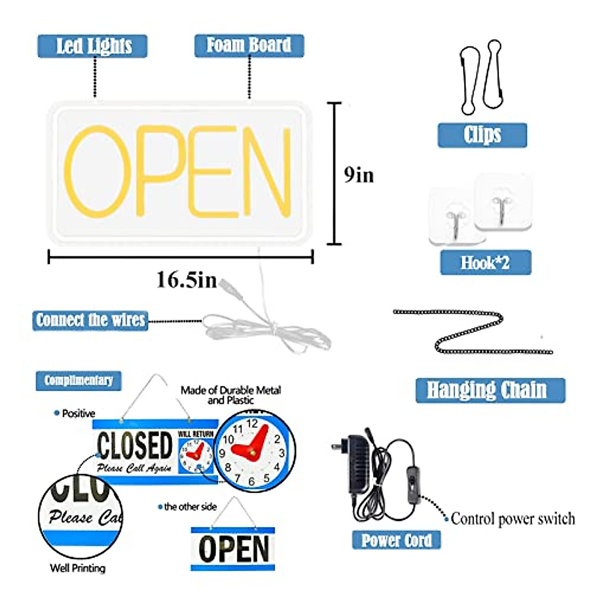 LED Open Sign for Business, FOOPPLY LED Neon Signs for Shop Windows and Doors of Shop, Bar, Restaurant, LED Letters with Open/Closed Sign and Business Hours Signs (Warm Horizontal Open)