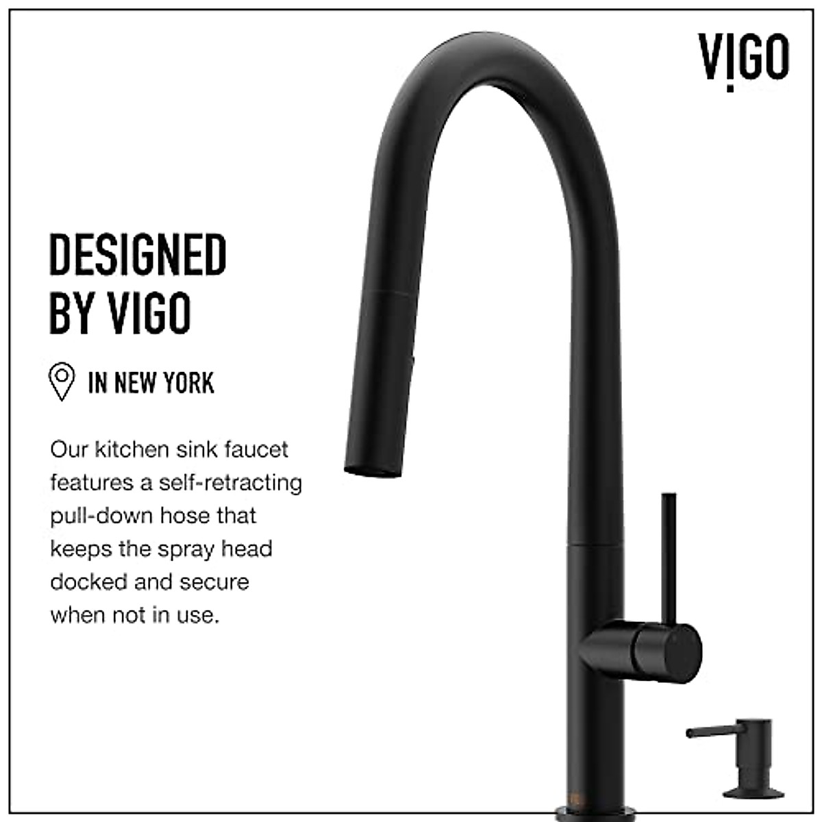 VIGO Greenwich Matte Black Kitchen Faucet with Pull-Down Sprayer | Solid Brass Faucet for Kitchen Sink with Bolton Soap Dispenser | Single-Handle Kitchen Sink Faucet with Swivel Sink Sprayer