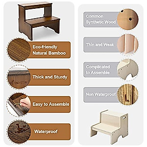 StrongTek Bamboo Two Step Stool for Adults and Kids, Bed Stepstool with Anti-Slip Bottom, Heavy Duty for Kitchen, Bathroom, Bedside Step Stool, Wooden Step Stairs 400 lbs Capacity