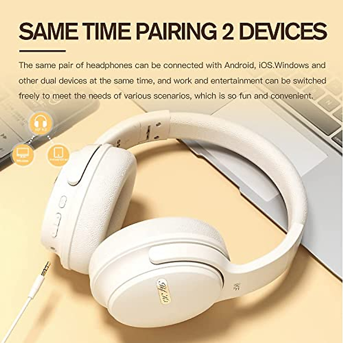 iKF K3-Wireless Bluetooth Headphones Call Noise Canceling Wired Headset Bass Stereo Sound 50 Hours Dual Device Connection for Smartphone Tablet Computer Games, Music（Pink）