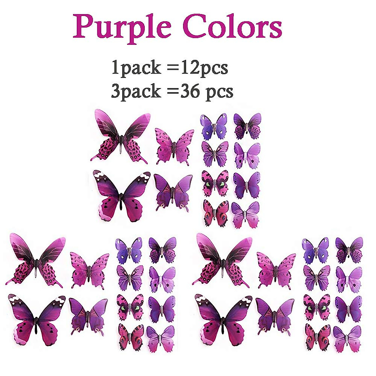 Ewong Butterfly Wall Decals, 36PCS 3D Butterflies Home Decor for Room, Wall Sticker for Girls Room Kids Bedroom Bathroom Baby Nursery Decoration (Purple)