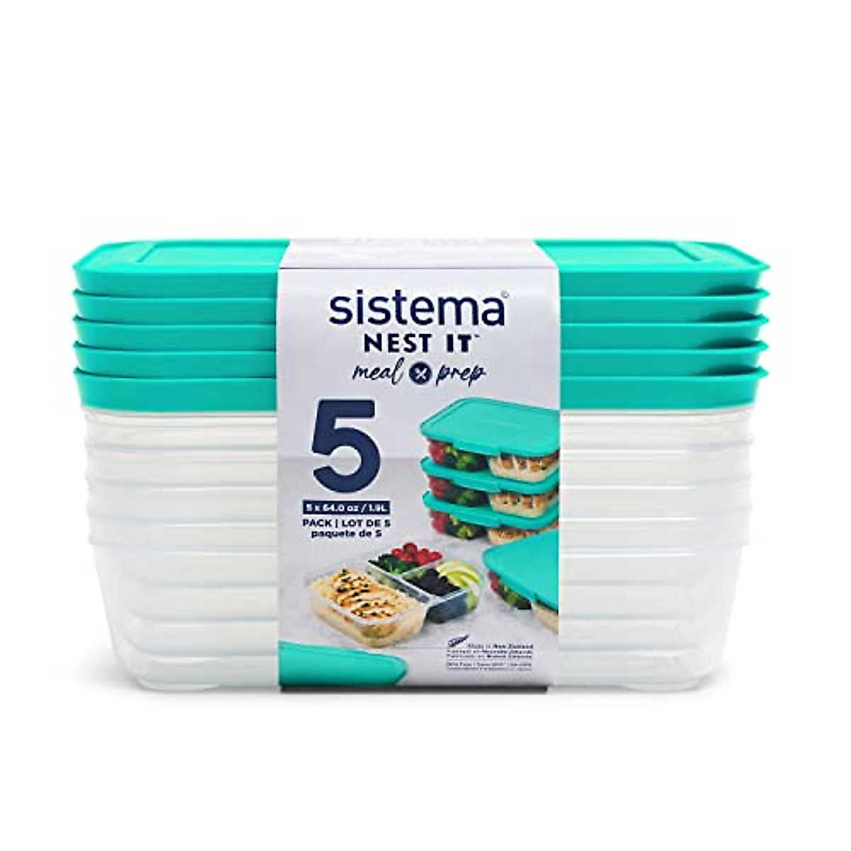 Sistema Nest It Meal Prep Food Storage Containers with Lids, 3 Compartments, 5-Pack, Teal