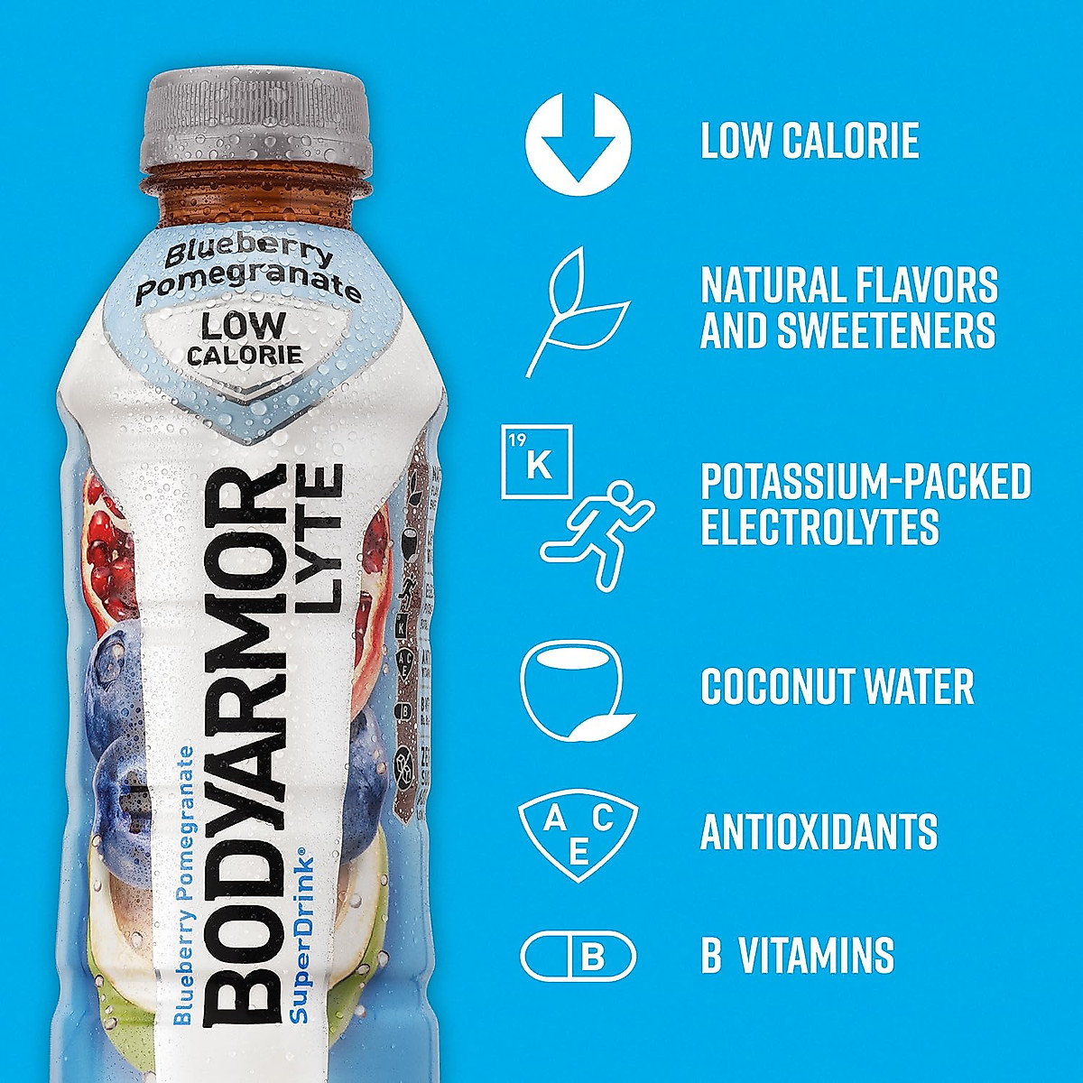BODYARMOR LYTE Sports Drink Low-Calorie Sports Beverage, Blueberry Pomegranate, Coconut Water Hydration, Natural Flavors With Vitamins, Potassium-Packed Electrolytes, Perfect For Athletes, 16 Fl Oz (Pack of 12)