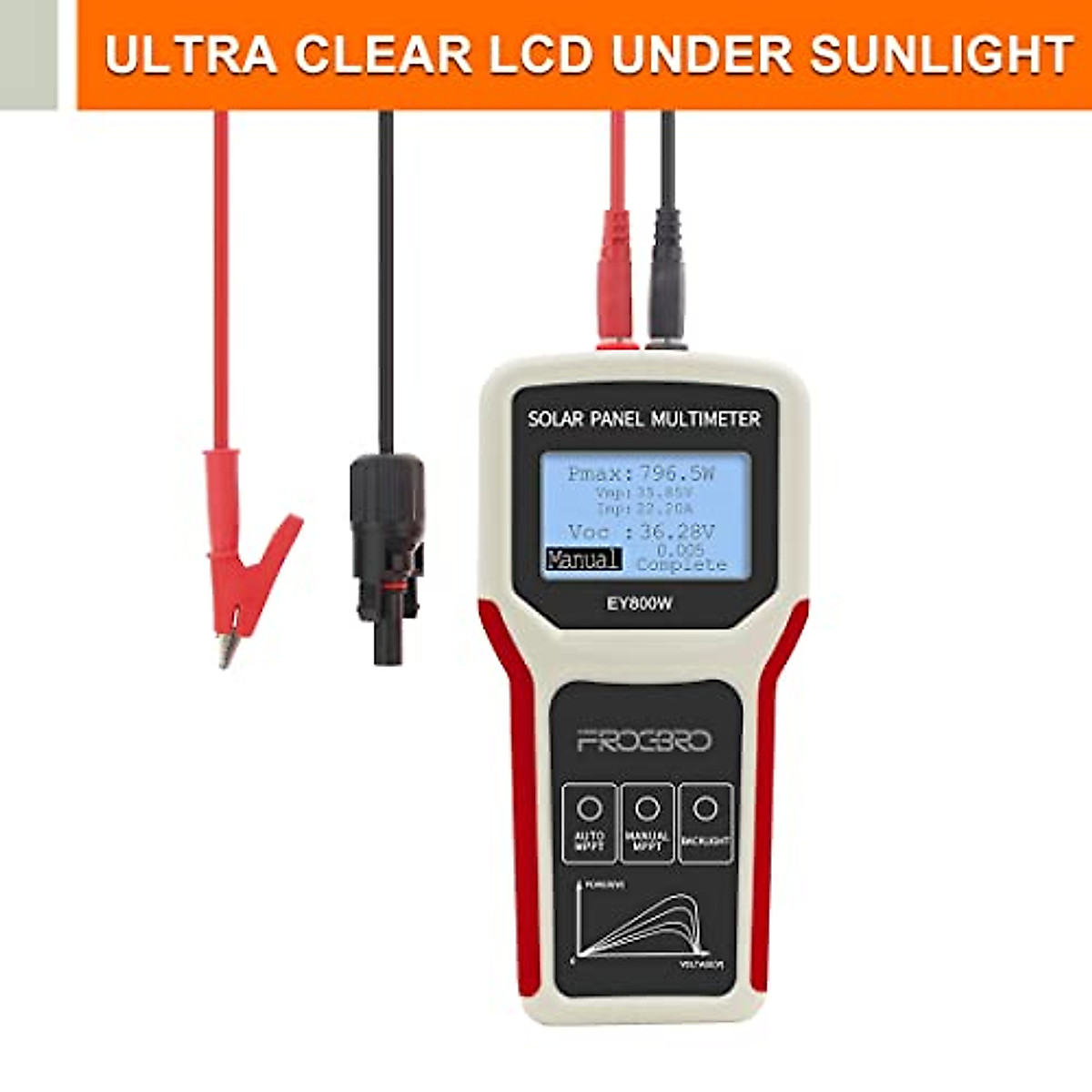 FrogBro Solar Panel Tester Photovoltaic Multimeter Upgrade EY800W with Ultra Clear LCD, Smart MPPT Open Circuit Voltage Troubleshooting Utility Tool for Solar PV Testing (LCD 800W)
