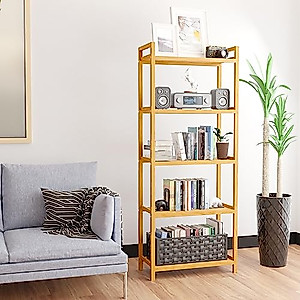 BeiBeGood Bookshelf, 5-Tier Bamboo Ladder Shelf 49” Tall Book Shelf Organizer, Free Standing Storage Unit for Bathroom/Living Room/Bedroom/Kitchen/Office,Rust Resistance,Natural