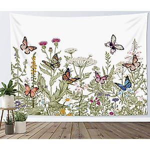 HVEST Leaf Butterfly Tapestry Wall Hanging, Sage Green Leaves and Flowers with Butterflies Wall Hanging Tapestry Spring Plant Tapestry for Bedroom Living Room Wall Decor, 60x40 Inches