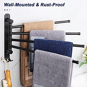 NearMoon Swivel Towel Rack, Thicken SUS304 Stainless Steel 4-Arm Towel Bar, Space Saving Wall Mounted Towel Holder with Hook, Rustproof Swing Out Towel Hanger for Bathroom, Kitchen (Matte Black)