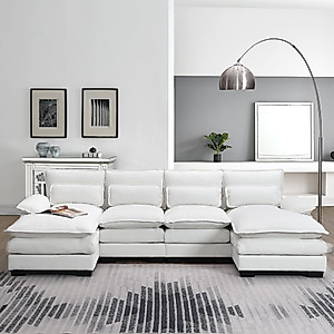 110" U-Shaped Sectional Sofa, Modern 6-Seater Upholstered Chenille Cloud Sofa Couch, Large Sleeper Sofa with Double Chaise Lounge for Living Room Bedroom Apartment Office (Cream White)