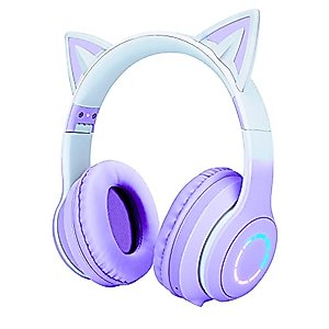 QearFun Car Ear Bluetooth Headphones Foldable, 7 Colors Led Light Up Kids Adults Girls Over Ear Wireless Headphones with Built-in Mic & 3.5mm Jack, Cat Gaming Headset for iPad/Tablet/PS4/PS5 Purple