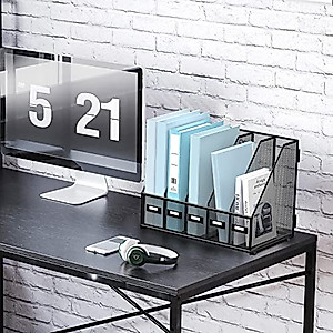 SUPEASY Desk Organizers Metal Desk Magazine File Holder with 5 Vertical Compartments Rack File Organizer for Office Desktop, Home Workspace, Black