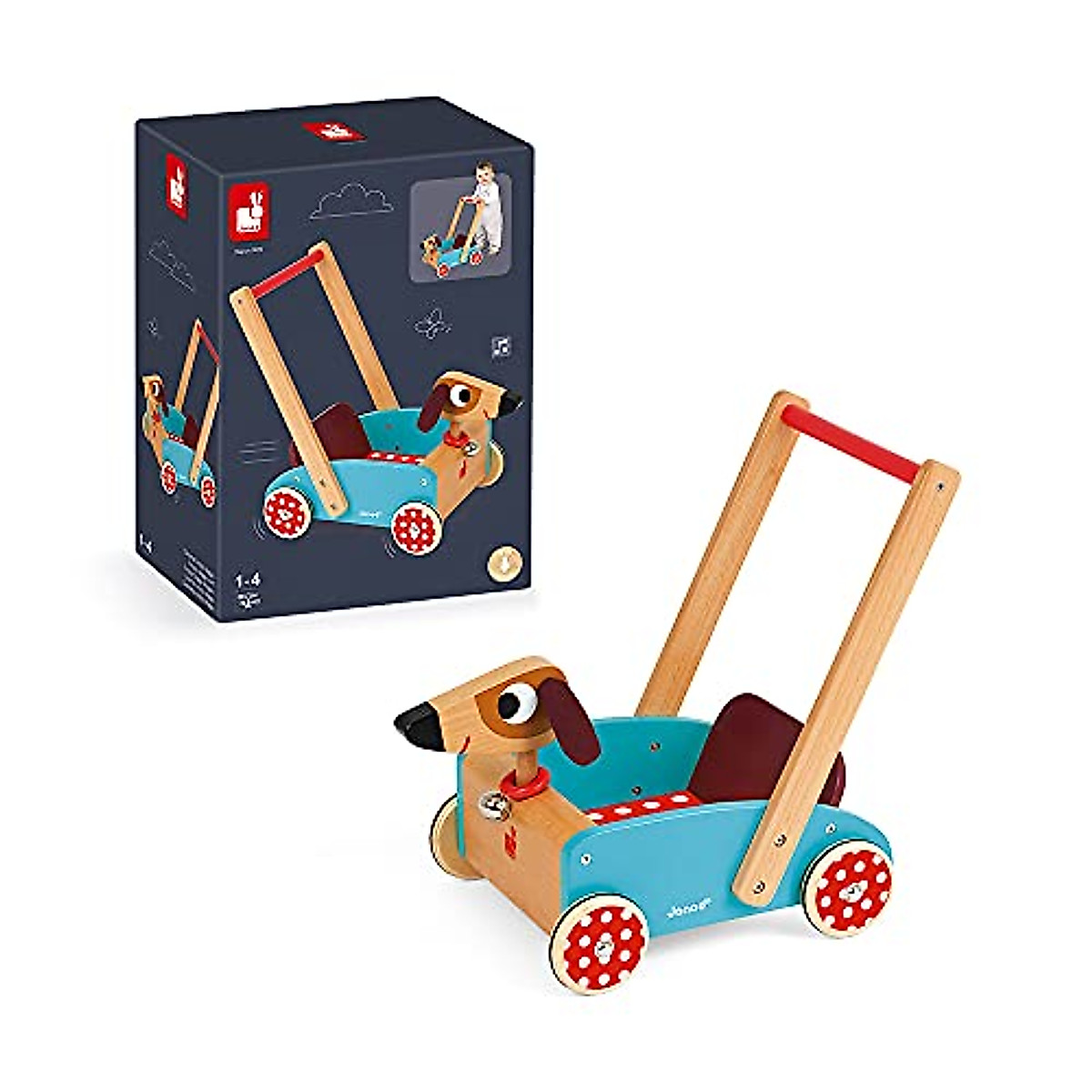 Janod Crazy Doggy Cart – Adorable Wooden Push Toy Walker with Storage – Dog Bell Rings When the Cart is Pushed - Encourages Walking and Discovery – Ages 1+ years.