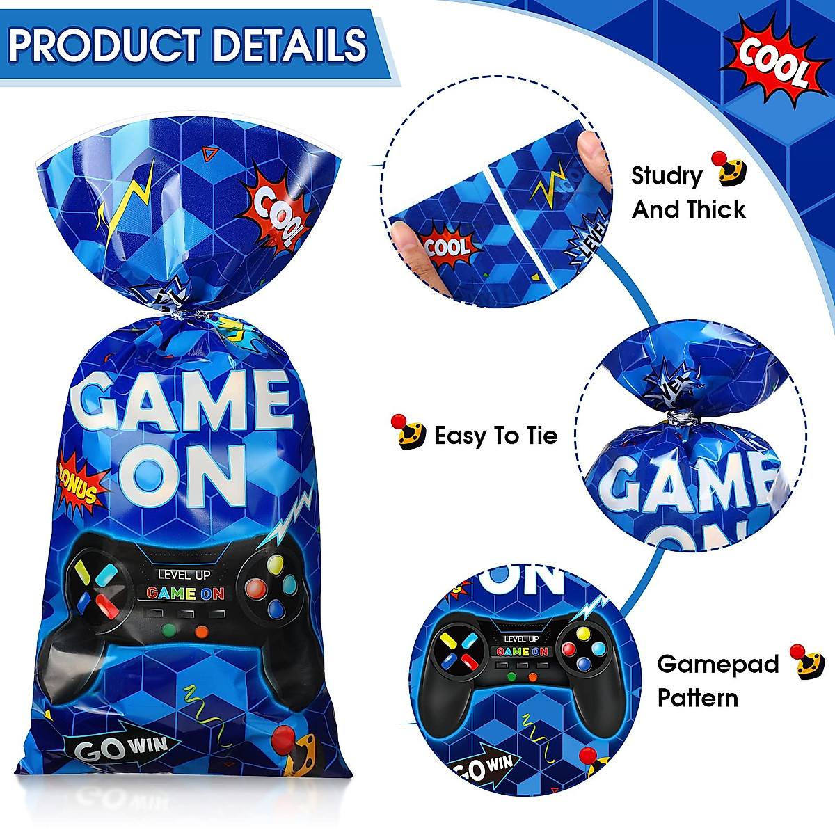 100pcs Video Game Party Bags Plastic Video Game Loot Bags Gaming Goody Candy Treat Bags with 100 Silver Twist Ties Game on Favor Bags Video Games Theme Party Decoration for Game Birthday Party(Blue)