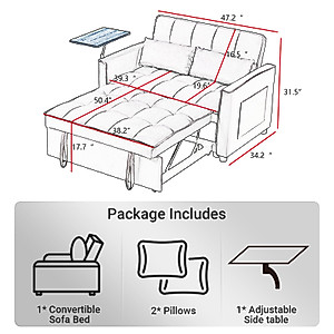 Rovibek 3 in 1 Convertible Sleeper Sofa Bed Loveseat Pull Out Couch Bed 55 Inch Velvet Futon Couch Lounge with Side Table, Reclining Backrest, Pillows, Pockets, Furniture for Living Room