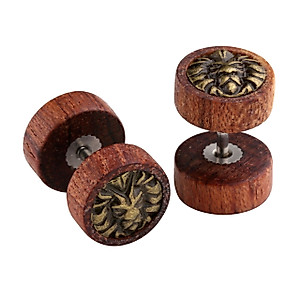 Jovivi 3 Pairs Organic Sono Wood Lion Head/Tree Life Fake Ear Plugs Cheater Gauges 10mm Illusion Screw Stud Earrings