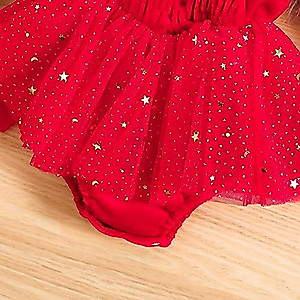 Newborn Baby Girl Christmas Outfit Long Sleeve Ruched Romper Dress Princess Tulle Dress Infant Christmas Dress(C-Red,0-6 Months)