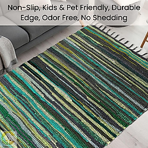 Comfy-co Handcrafted Area Rug Chindi Rug 3x5 ft - Hand-Woven Cotton Area Rag Rug - Reversible Floor Rug for Bedroom Living Room Kitchen Dorm Entryway Hallway - Chindi Area Rug Green Multi