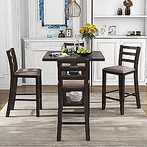 SIYAHOME Table & Chair Wooden Kitchen, Counter Height, Square 2-Tier Storage Shelving and 4 Padded Chairs, Family Fasion Furniture for Dining Room (Espresso), 5-Piece Table Set