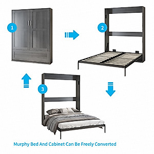 Mjkone Large Murphy Bed with 2 Side Cabinet, Folding Guest Wall Bed (Dark Grey