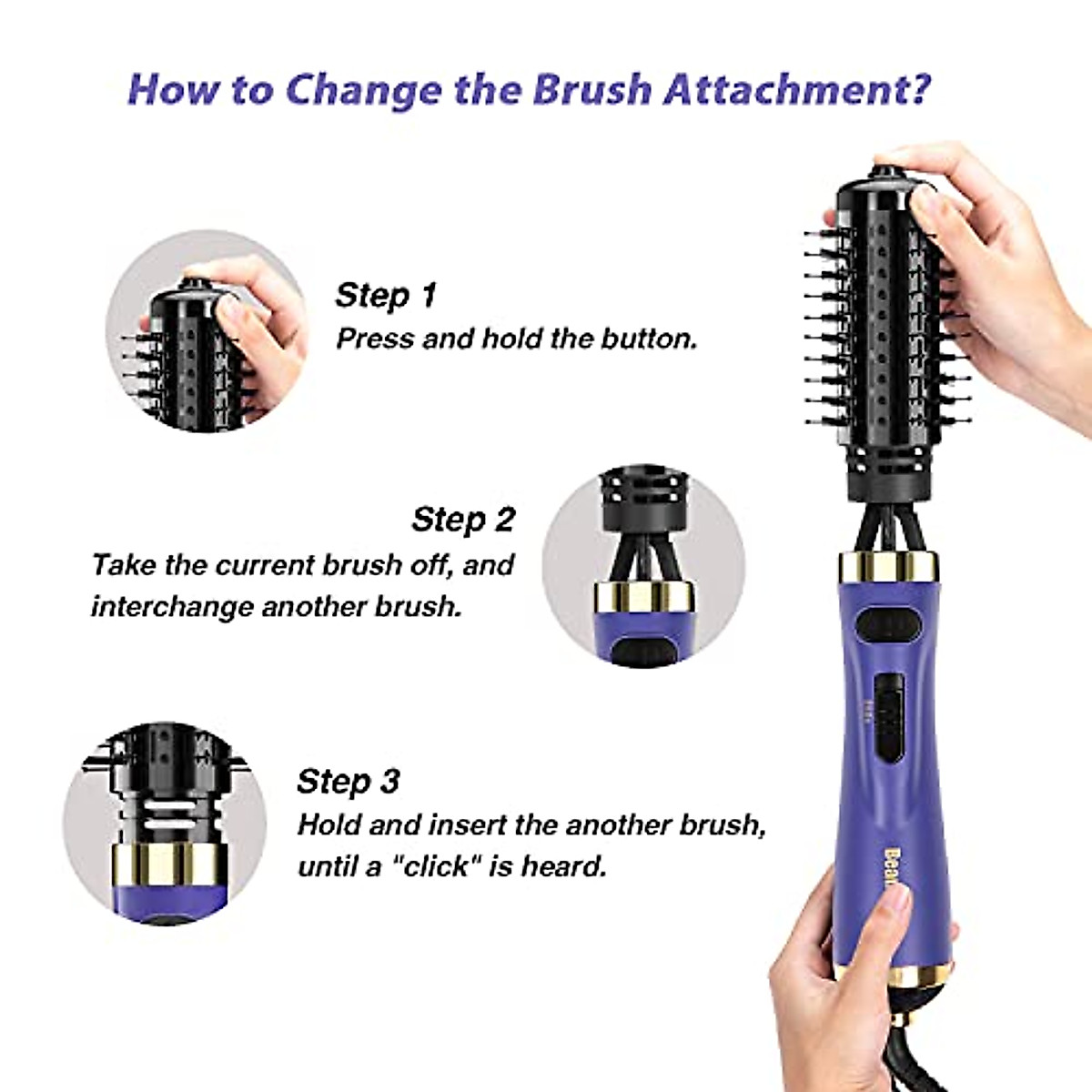 Beautimeter Hair Dryer Brush, 3-in-1 Round Hot Air Spin Brush Kit for Styling and Frizz Control, Negative Ionic Blow Hair Dryer Brush Volumizer, 2 Detachable Auto-Rotating Curling Brush