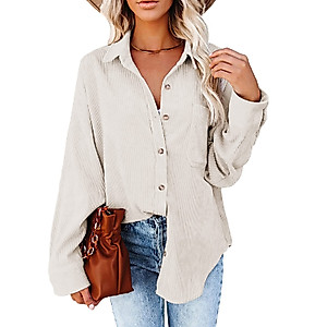 Astylish Womens Long Sleeve Button Up Pocket Shirts Ladies Loose Fit Corduroy Tunic Blouse Tops Beige M