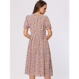 Allegra K Women's 2023 Floral Midi Dress Round Neck Ruffle Sleeve Button Down Shirtdress Large Purple