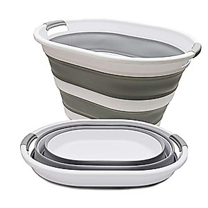 SAMMART 34L(8.98 Gallon) Set of 2 Collapsible Plastic Laundry Basket-Oval Tub/Basket-Foldable Storage Container/Organizer-Portable Washing Tub-Space Saving,Water Capacity 29L(7.66 Gallon) (2, Grey)
