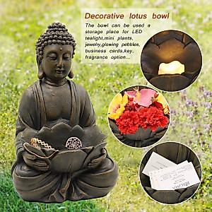 Goodeco 12" Meditating Buddha Statue Figurine w/Lotus - Zen Garden Statues for Indoor/Outdoor Decor- with Magical Glow in Dark Pebbles & Glass Stones, Ideal Gifts for Home (Brown)