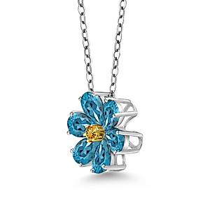 Gem Stone King 925 Sterling Silver and 10K Yellow Gold London Blue Topaz and Yellow Citrine Pear Shape Flower Pendant Necklace For Women (2.47 Cttw, Gemstone Birthstone, with 18 Inch Chain)