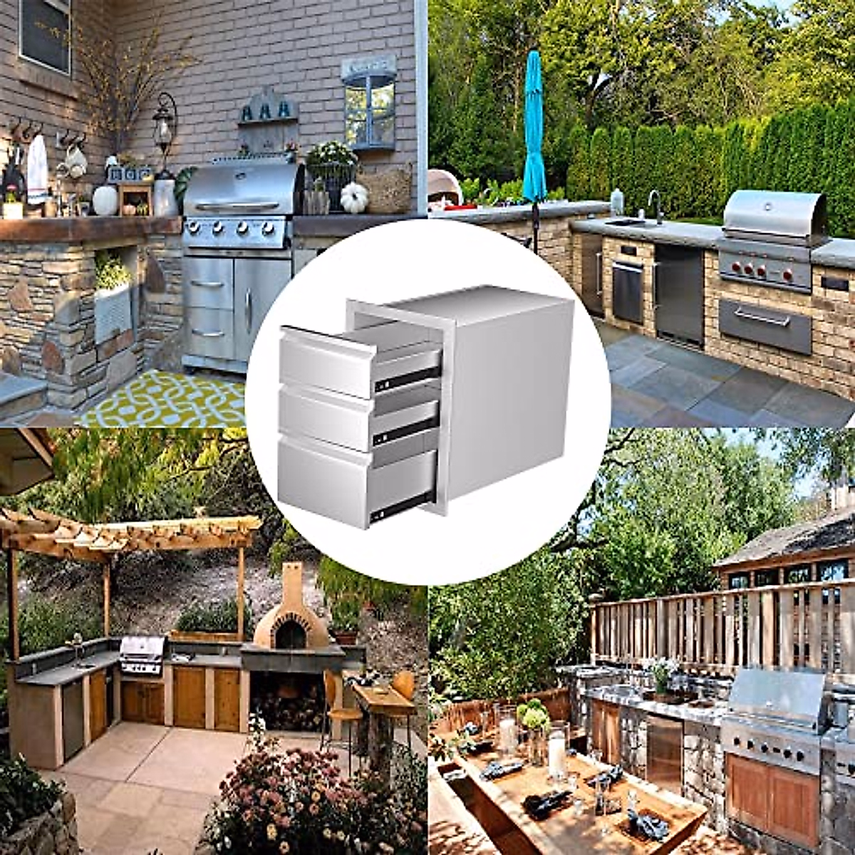Emardom Outdoor Kitchen Drawers Stainless Steel, Flush Mount Triple for Outdoor Kitchens or BBQ Island(14'' W x 20'' H x 23'' D)
