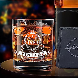 Lighten Life 40th Birthday Gifts for Men,1983 Whiskey Glass in Valued Wooden Box,Bourbon Glass for 40 Years Old Dad,Husband,Friend,40th Birthday Decorations for Men,12 oz Old Fashioned Glass
