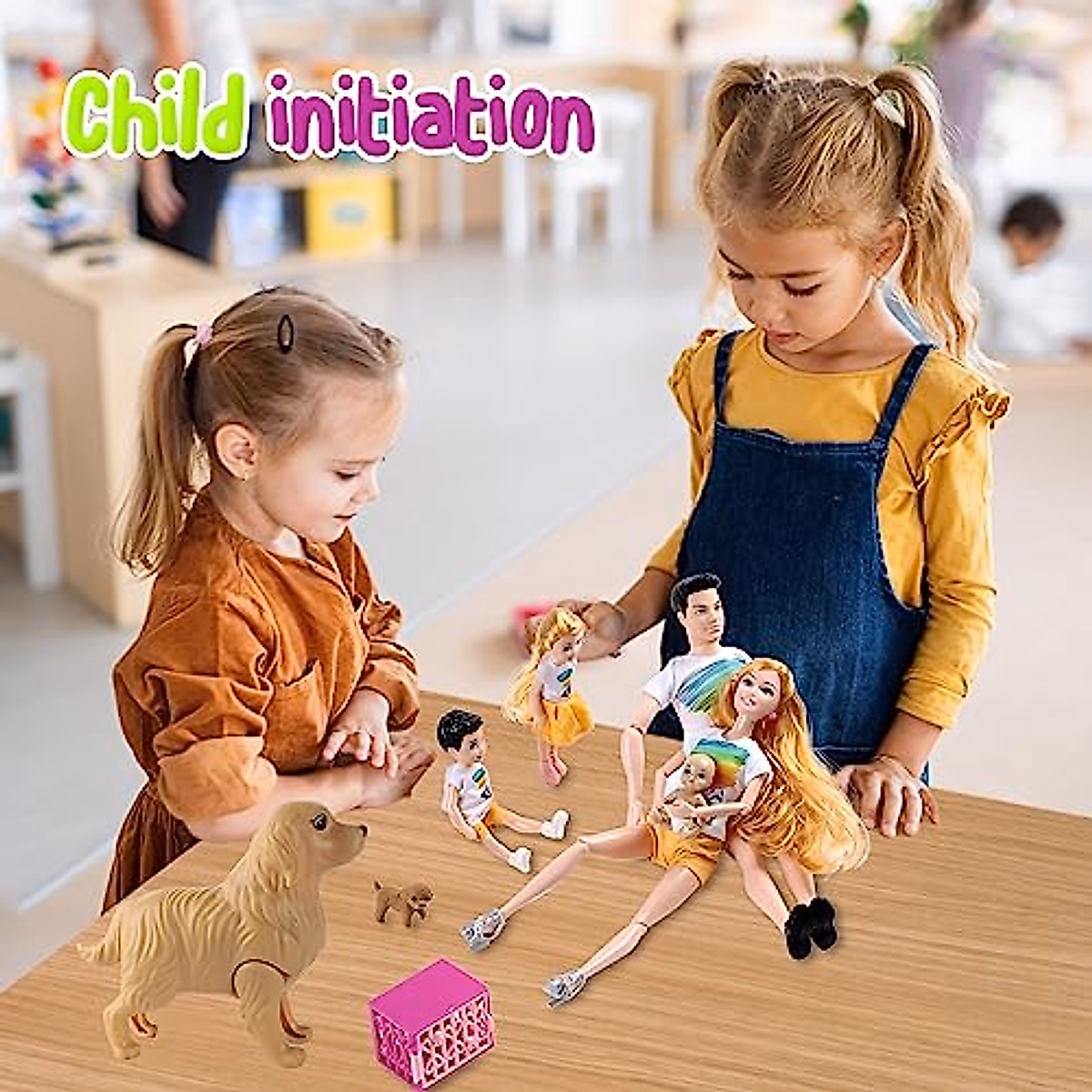 Family Dolls Set of 6 People with Dollhouse Pets Included Pregnant Mom Dad 3 Kids and Baby Boy in Mommy's Tummy, Doll Playsets and Accessories for 3-12 Years Old Toddlers Gift