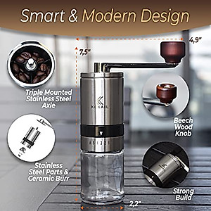 KOKAIL Manual Coffee Grinder | Hand Coffee Grinder with Crank Handle Wood Knob having 6 Adjustable Grind Settings, Includes Extra Glass Jar, Velvet Storage Bag, Spoon & Cleaning Brush