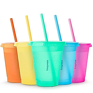 Kids Tumblers with Lids and Straws - 5 Reusable Cups with Lids and Straws, 16oz Glitter Tumbler Cute Cups for Kids in Rainbow Colors, Reusable Plastic Tumblers Cups with Lids and Straws for Smoothie