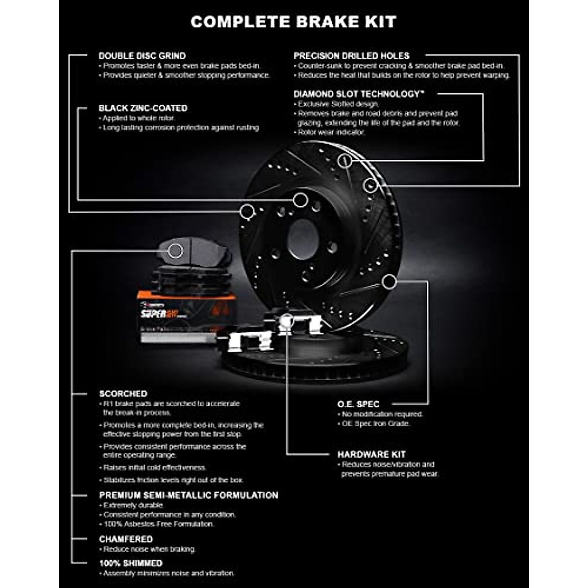 R1 Concepts Front Brakes and Rotors Kit |Front Brake Pads| Brake Rotors and Pads| Super Duty Brake Pads and Rotors| Hardware Kit WHXH1-48143