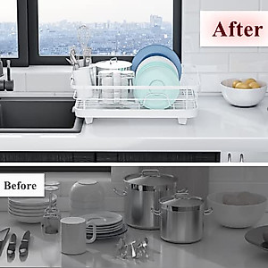 Sakugi Dish Drying Rack - Compact Dish Rack for Kitchen Counter with a Cutlery Holder, Durable Stainless Steel Kitchen Dish Rack for Various Tableware, Dish Drying Rack with Easy Installation, White