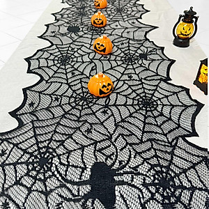 Halloween Decorations Indoor Set Fireplace Mantel Scarf Cover Black Lace Spiderweb Table Runner for Kitchen Halloween Banner with 3D Bat for Halloween Party Decorations Indoor