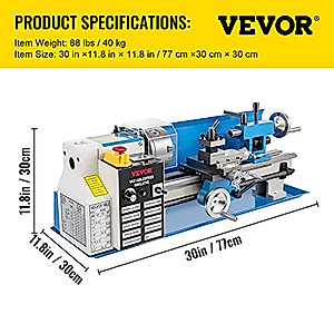 VEVOR Mini Metal Lathe, 7"x14", Benchtop Metal Lathe, 550W Variable Speed 2250 RPM Metal Lathe, with 3-jaw Chuck Mini Lathe Machine, Precision Mini Lathe w/Tool Box Digital Display for Metal Turning