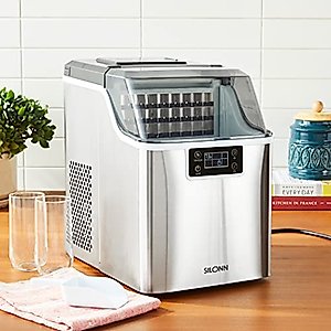 Silonn Countertop Ice Cube Ice Makers, 45lbs Per Day, Auto Self-Cleaning, 24 Pcs Ice Cubes in 13 Min, 2 Ways to Add Water, Compact Ice Machine for Home Office Bar Party,SLIM01B-1