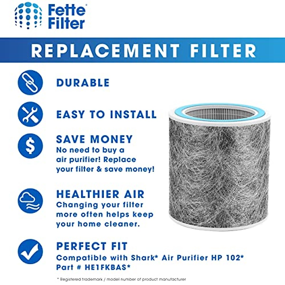 Fette Filter - Air Purifier Filter Replacement Compatible with Shark Air Purifier Models #'s HP100, HP102, HC450, HC451, HC452. Compare to part # HE1FKBAS & HE1FKBASMB (Pack of, 1)
