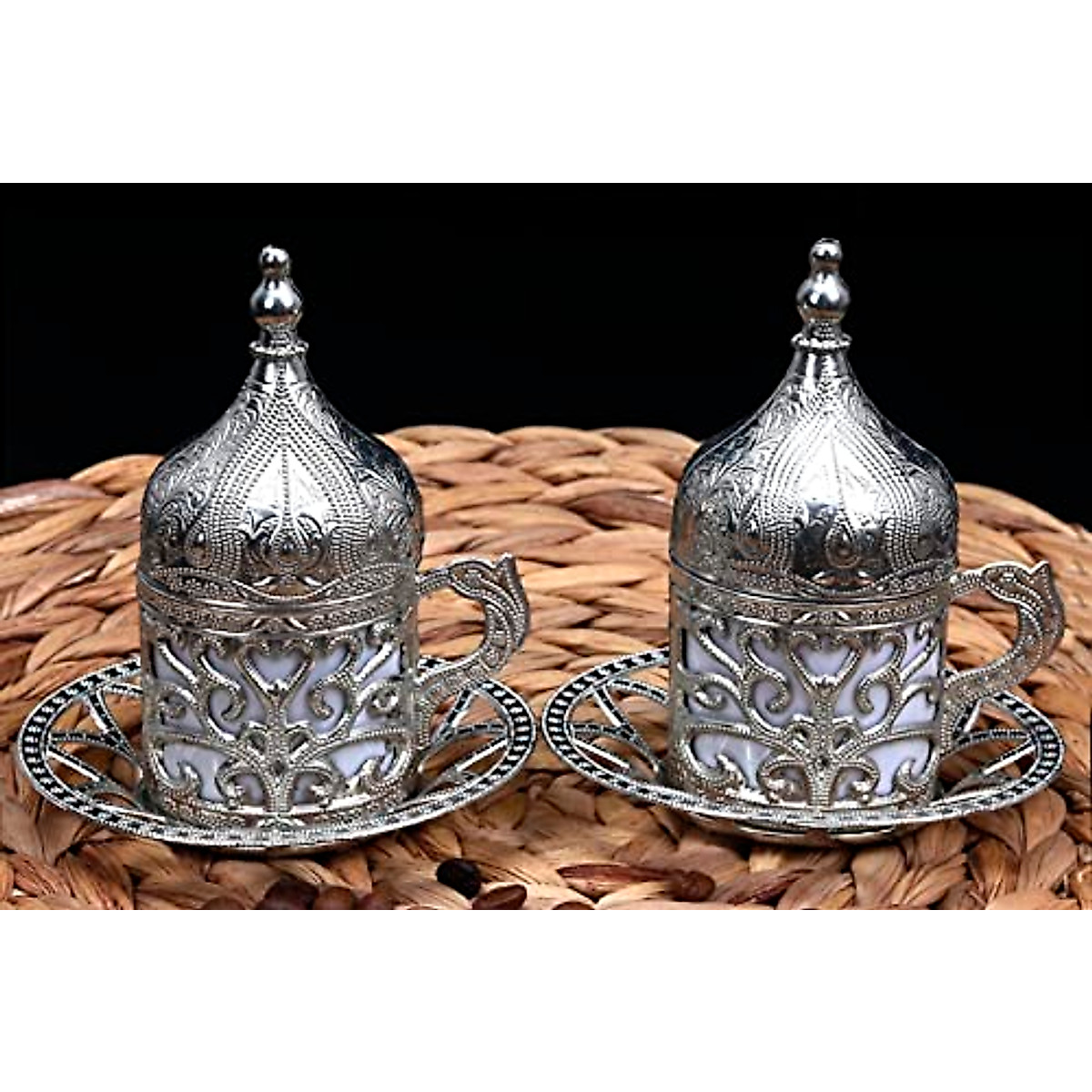 Küchengeräte Turkish Greek Arabic Moroccan Coffee Cup - Set of 2 - Espresso Cup with Inner Porcelain Metal Holder Plate and Lid - 2 Cups Consists of 8 Pcs - Best Gift Idea