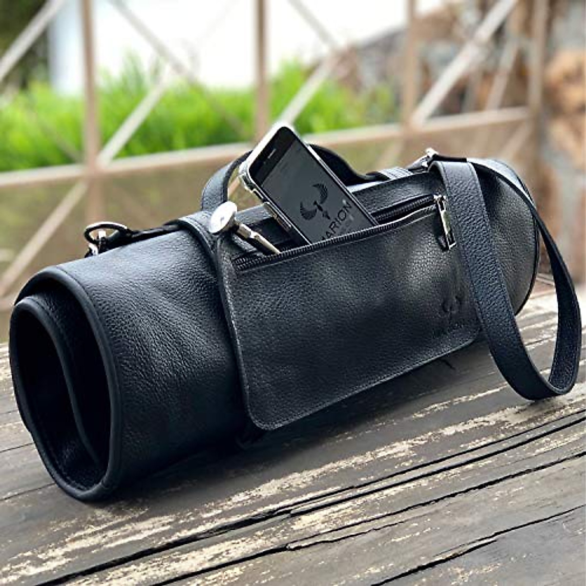 Marion - LE MINUIT - Genuine Calf Top Grain Black Leather - Handcrafted Professional Chef's Knife Storage Roll Bag - 8 Pockets - Adjustable Shoulder Strap - Zippered Interior and Exterior Pocket