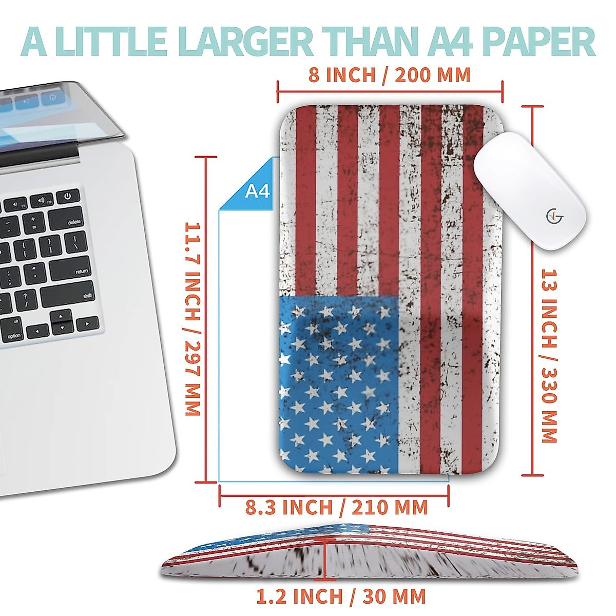 KUOSGM Large Ergonomic Mouse Pad Wrist Support, Carpal Tunnel Pain Relief Mousepad Wrist Rest, Wrist Pad for Mouse with Gel Memory Foam for Computer & Wireless Mouse(USA Flag, 13x8 inch)