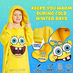 SpongeBob SquarePants Blanket Hoodie for Kids Teenagers One Size Soft Fleece Oversized Hoodie Blanket Gifts for Kids Yellow