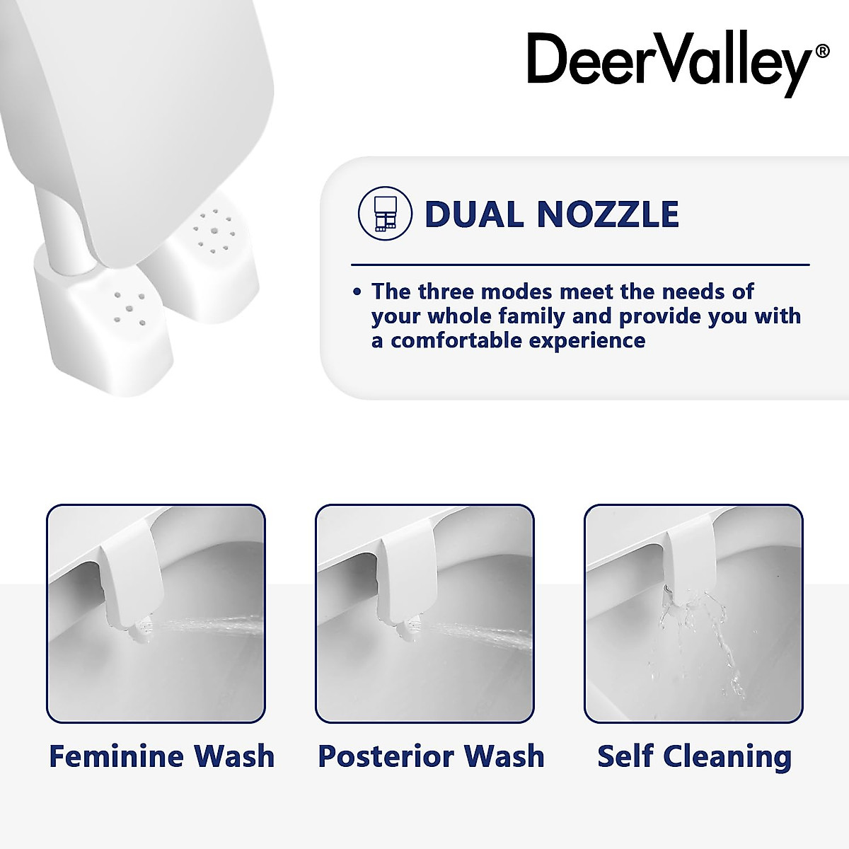 DeerValley DV-1B0095 Non-Electric Toilet Bidet Attachment System with Dual Nozzles,Adjustable Water Pressure, Rear and Feminine Wash,White