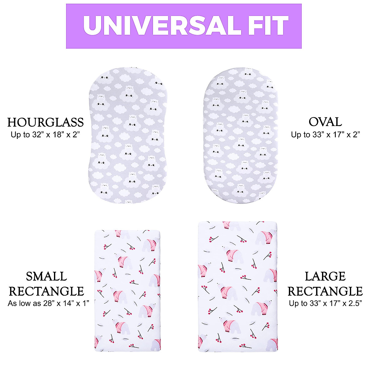 BREALIZE – Baby Bassinet Sheet, 100% Jersey Cotton – 2 Pack – 32 x 16 x 4 inches, Universal Fitted Bassinet Sheets for Baby Girls and Boys with Cloud and Bear Pattern – Color Grey and White