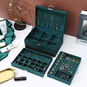 ZUZOOQ Women Jewelry Organizer Box, 3-Layer Velvet Jewelry Boxes Display Storage Case with Lock for Rings Necklace Earrings, Green, 24*17*11CM, ZUZ002A
