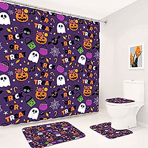 4PC Purple Halloween Bathroom Shower Curtain Sets, Pumpkin Ghost bat Bathroom Sets, Sweet Candy Bathroom Sets with Rugs and Accessories ,for Bathroom Decoration