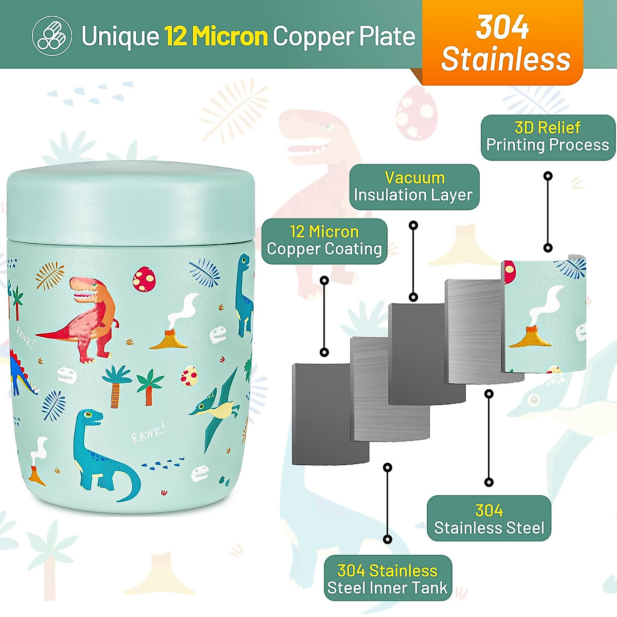 Charcy 9oz Stainless Steel Vacuum Insulated Kids Food Jar - Soup Thermo for Hot & Cold Food - Turquoise Dinosaur