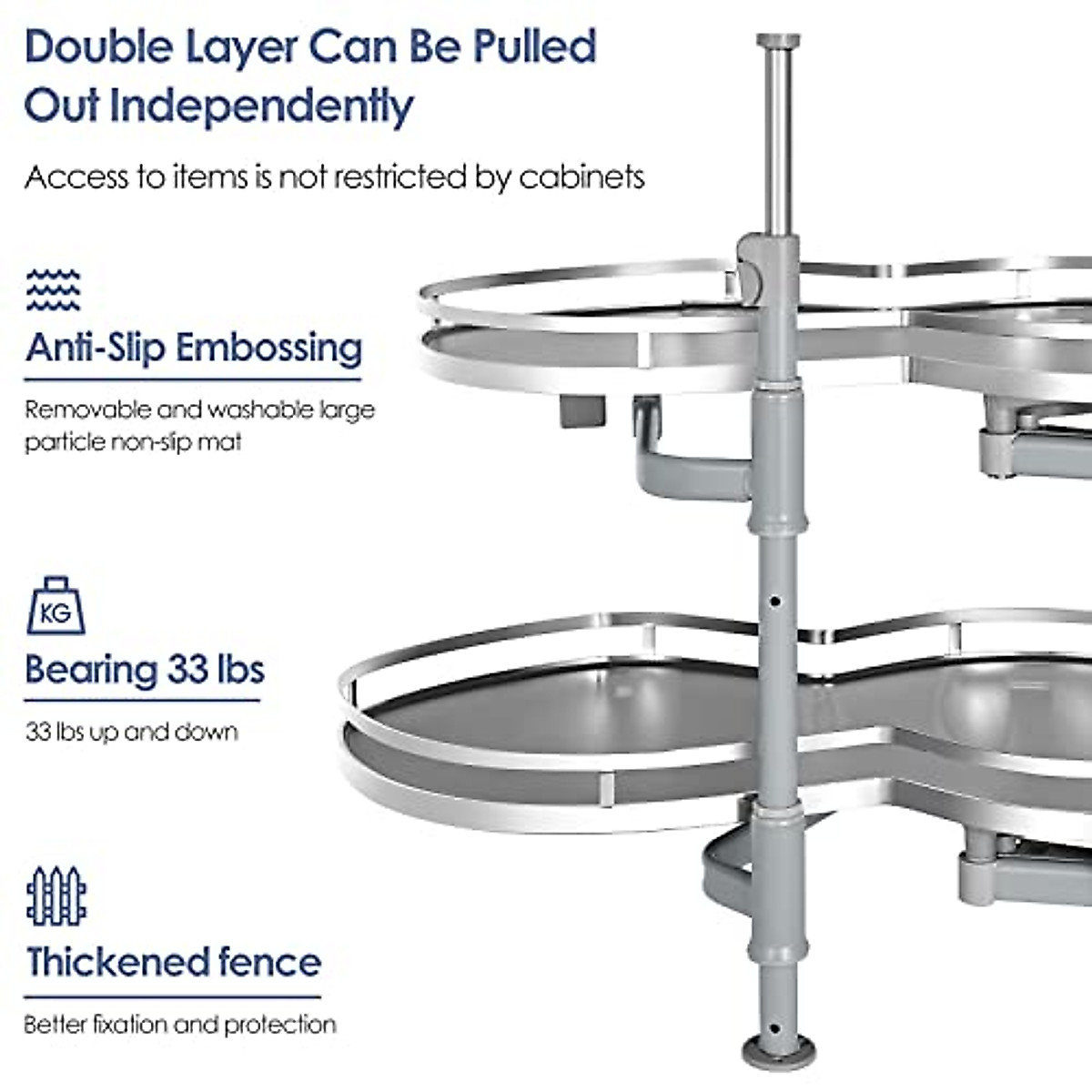 LIVOSA Magic Corner Kitchen Cabinet Pull Out Organizer with 2 Non-slip Tiers Swing Tray and Soft Close for 36" Cabinets, Right Handed Open, Grey